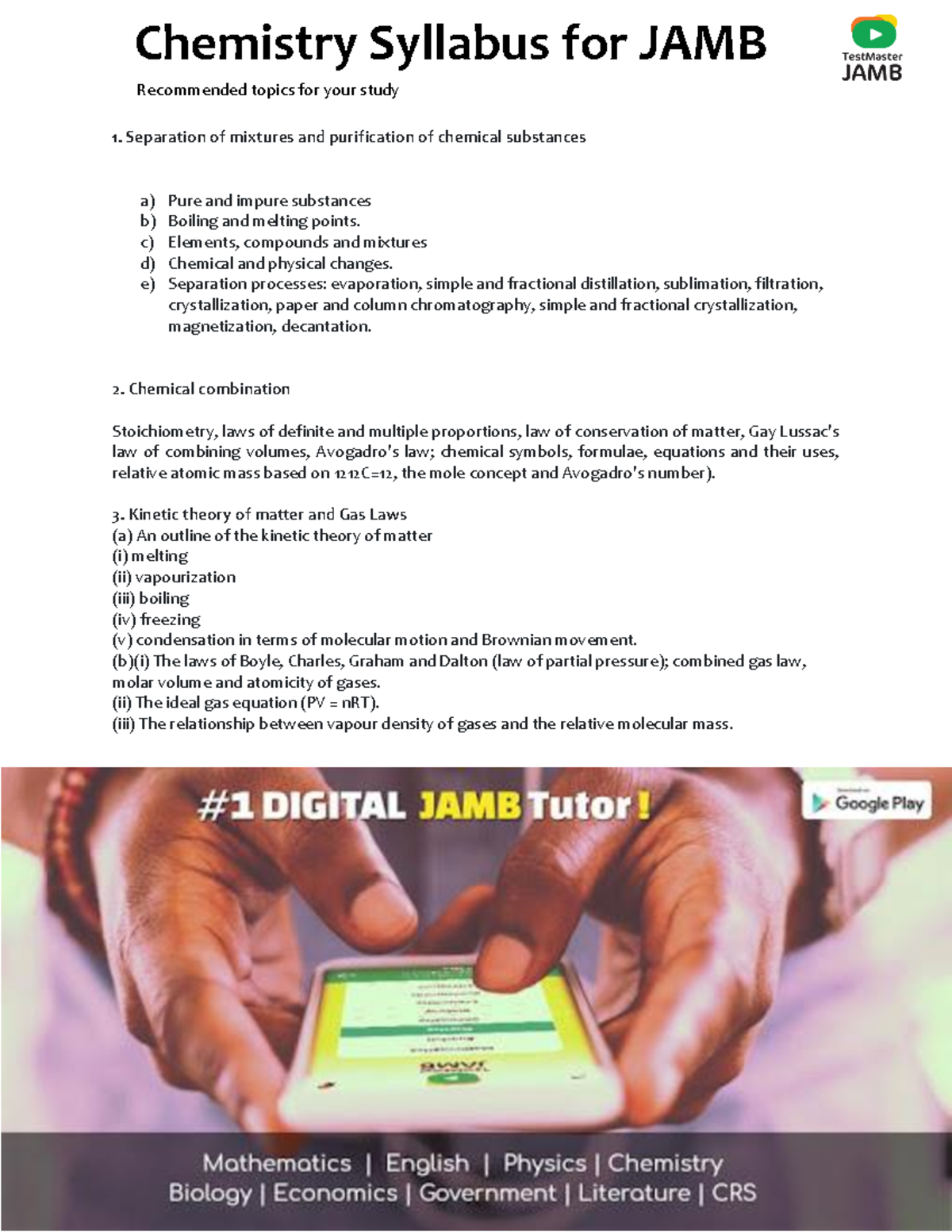 Chemistry Syllabus for JAMB with Recommended Topics for Your Study ...