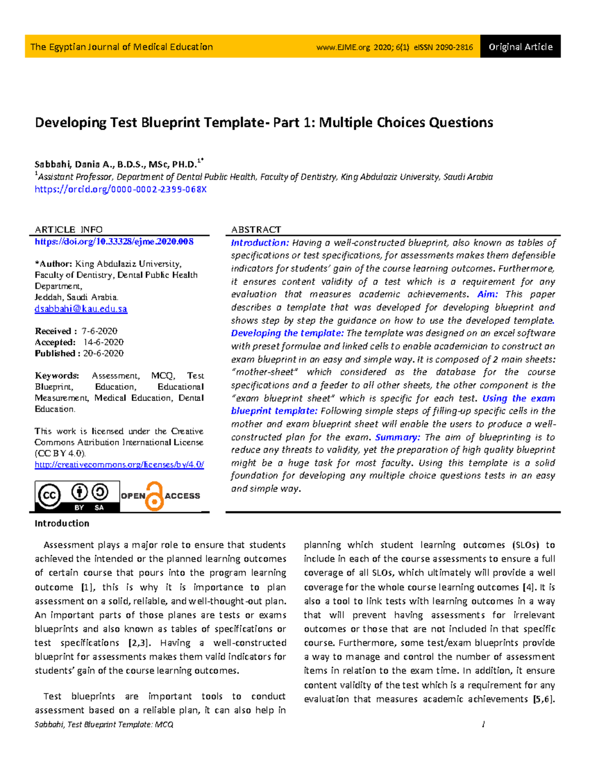 Developing Test Blueprint Template- Part 1 Multipl - , B.D., MSc, PH.D ...