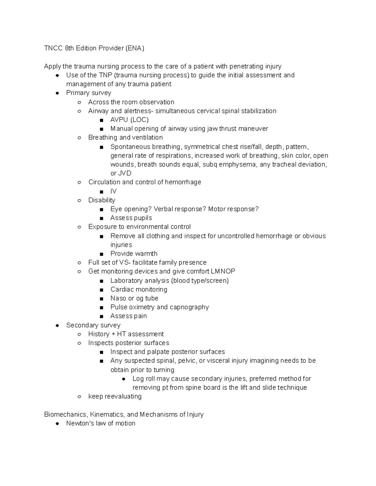 TNCC - tench - TNCC 8th Edition Provider (ENA) Apply the trauma nursing ...