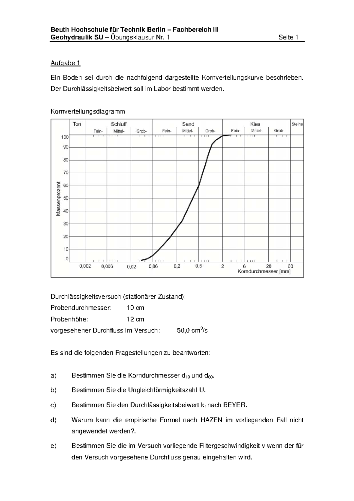 Übungsklausur Geohydraulik Nr.1 WS 2016 17 - Beuth Hochschule für Technik Berlin – Fachbereich ...