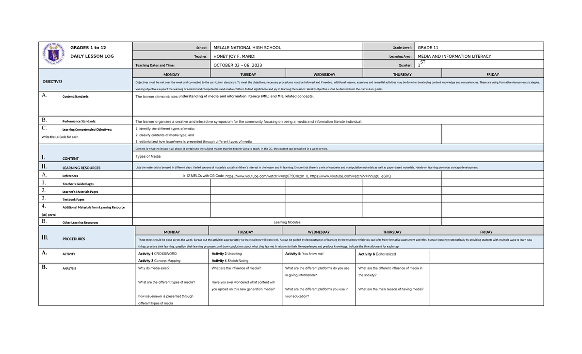 Mil week 6 - MIL - GRADES 1 to 12 DAILY LESSON LOG School: MELALE ...