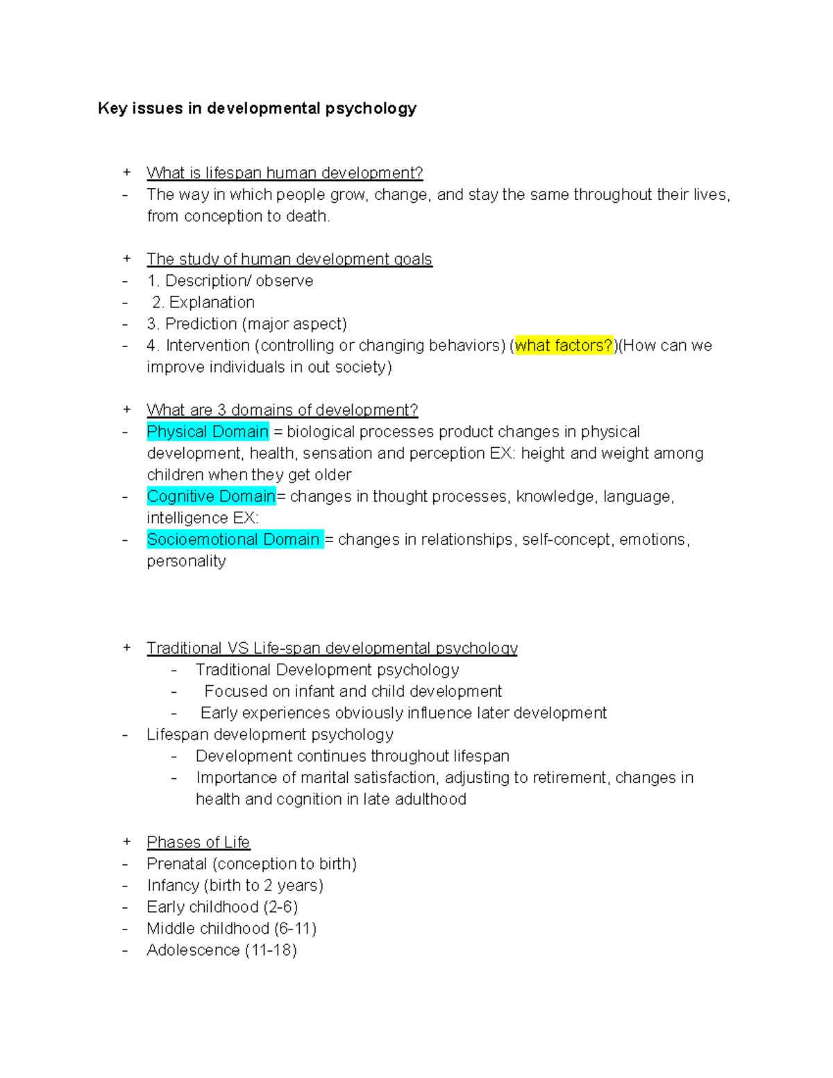 Psych 241 unit 1 - notes on human development - Key issues in ...