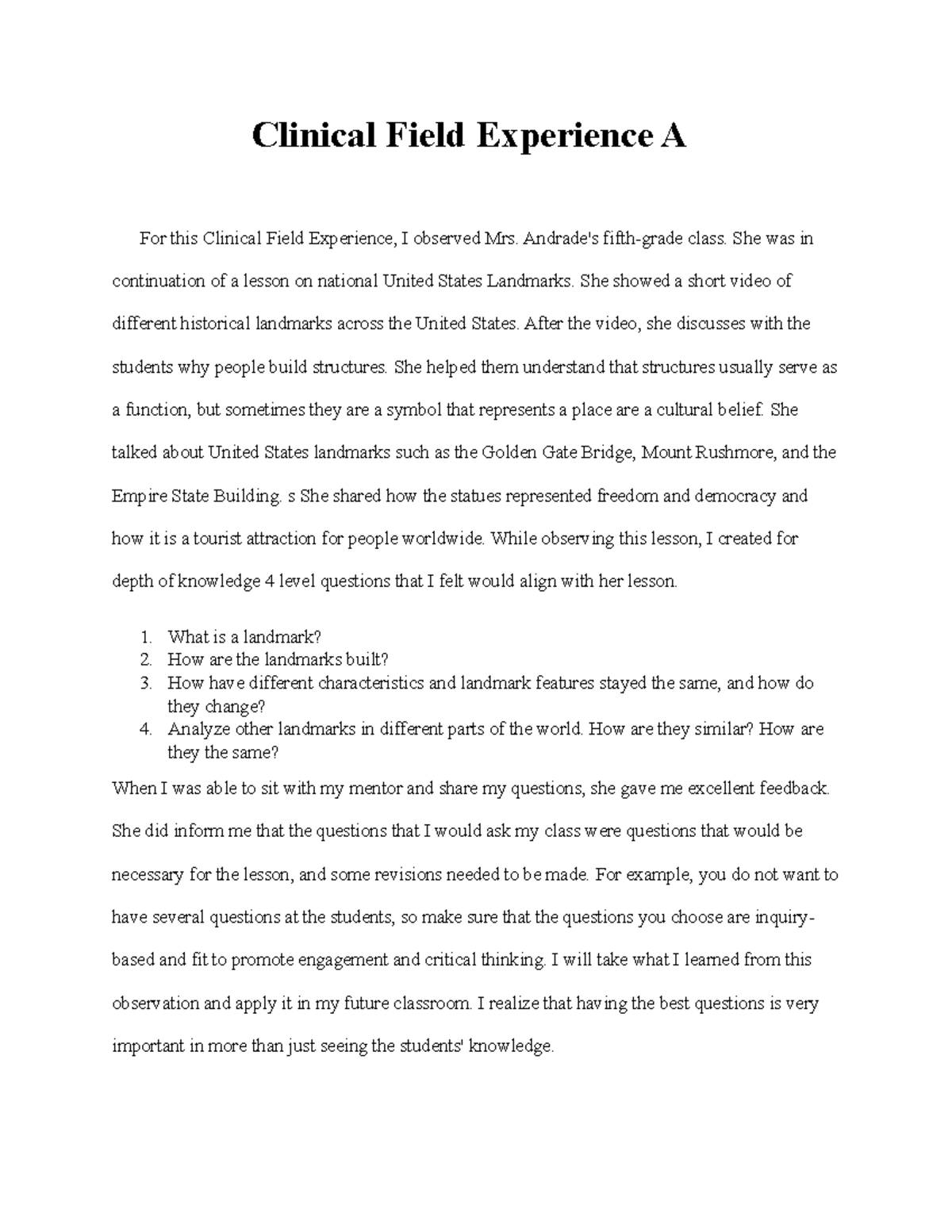 Clinical Field Experience A SR 351 - Clinical Field Experience A For ...