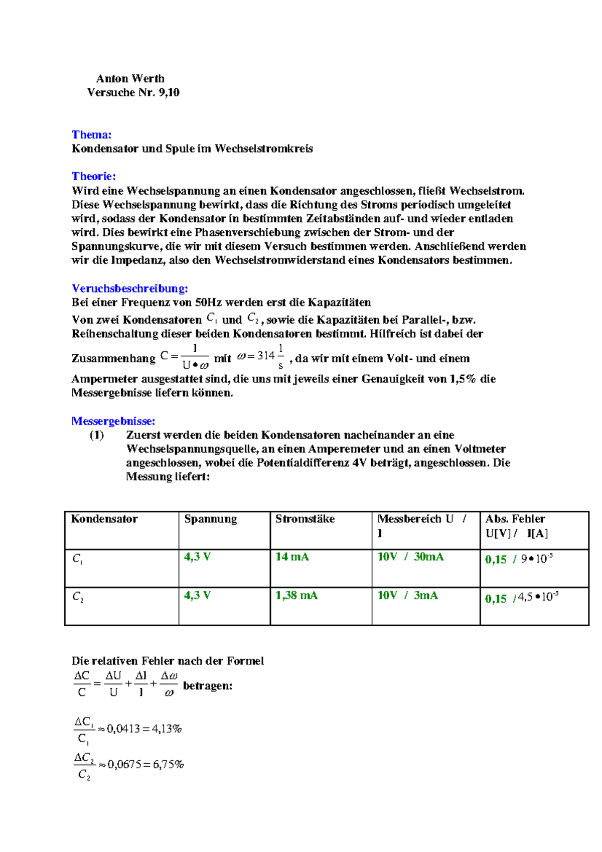 Versuche Nr 9, 10 - Versuchsprotokoll - Anton Werth Versuche Nr. 9,10 ...