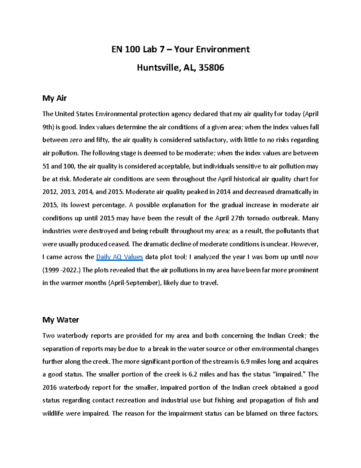Lab 7 - Teacher: browniee - EN 100 Lab 7 – Your Environment Huntsville ...