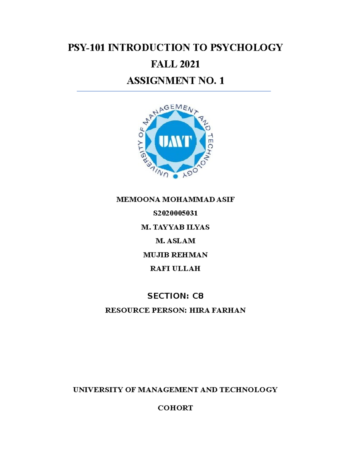 Psychology Assignment 1 - PSY-101 INTRODUCTION TO PSYCHOLOGY FALL 2021 ASSIGNMENT NO. 1 MEMOONA ...