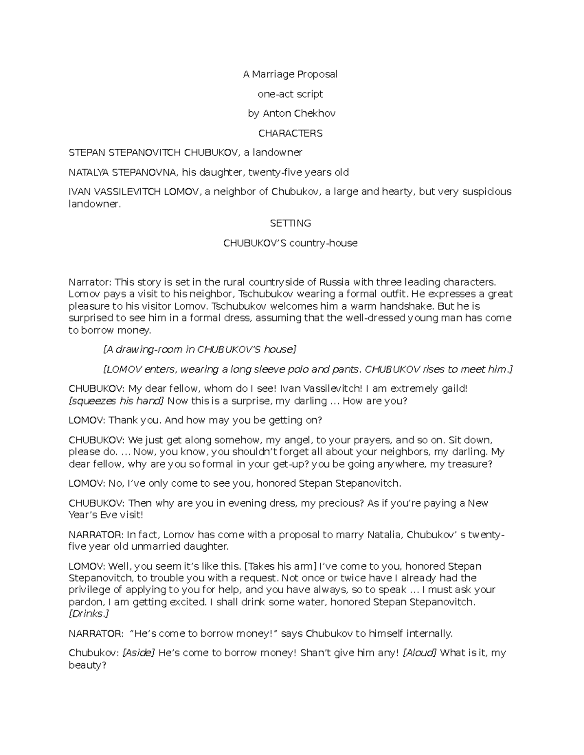 One Act script notes - A Marriage Proposal one-act script by Anton ...