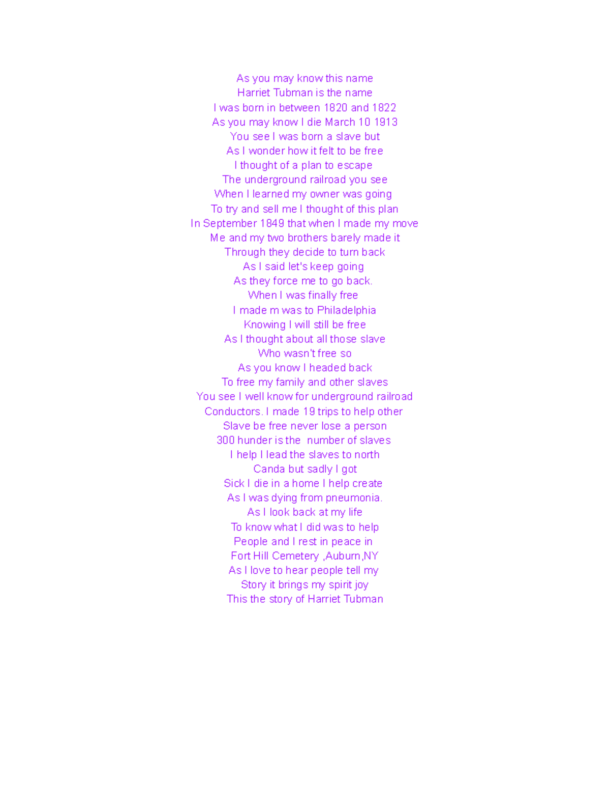 Ayana Paige Harriet Tubman poem - As you may know this name Harriet ...
