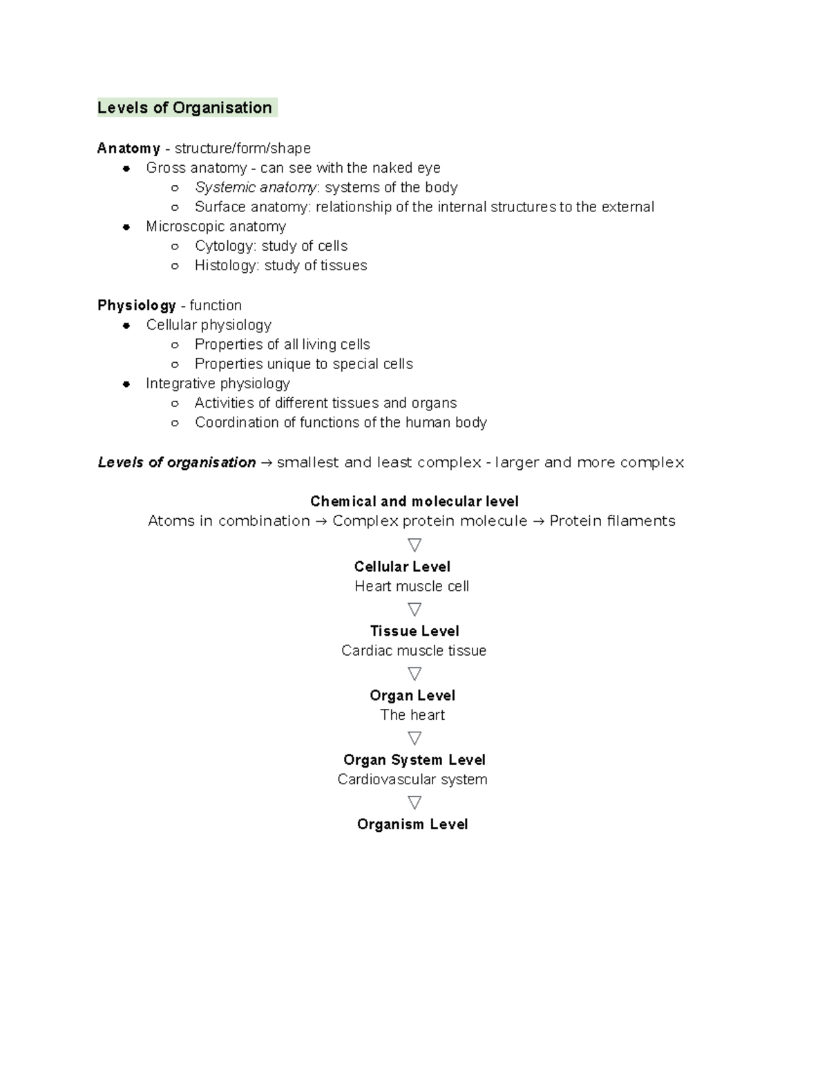 Week 1 (Levels of organisation Cells tissues - BIOL121 - ACU - Studocu
