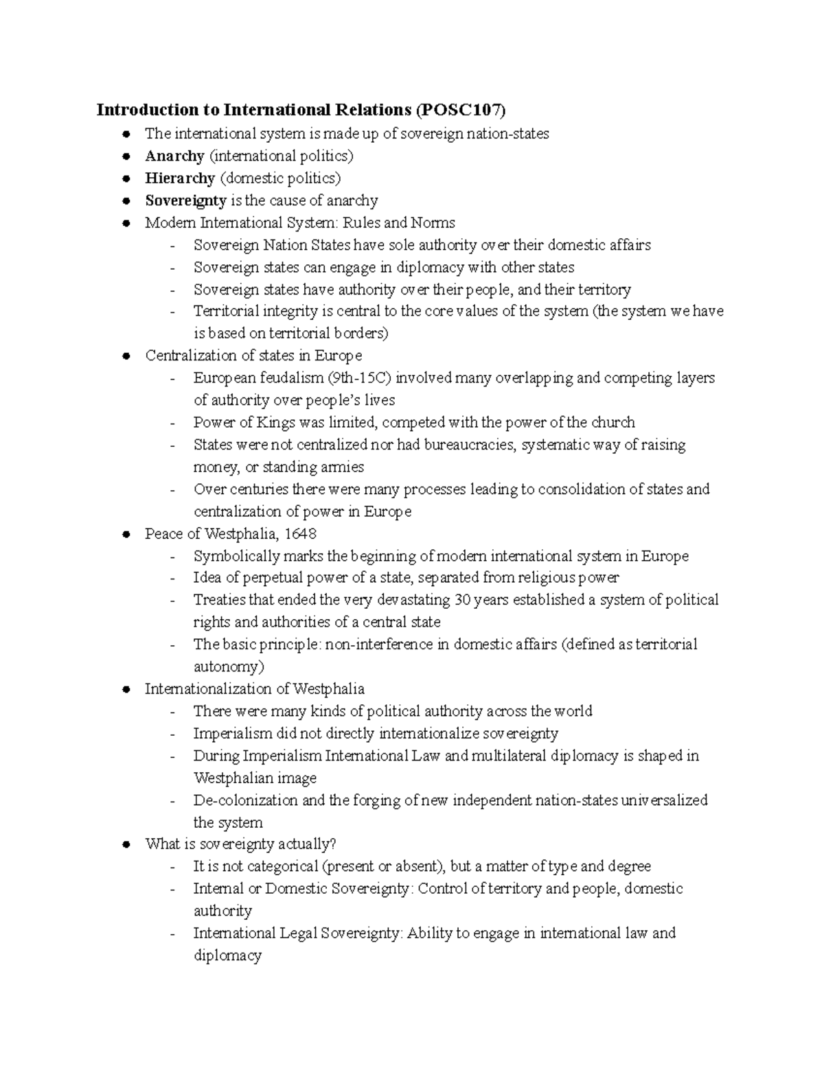 POSC107 - Introduction to International Relations Notes - Introduction ...