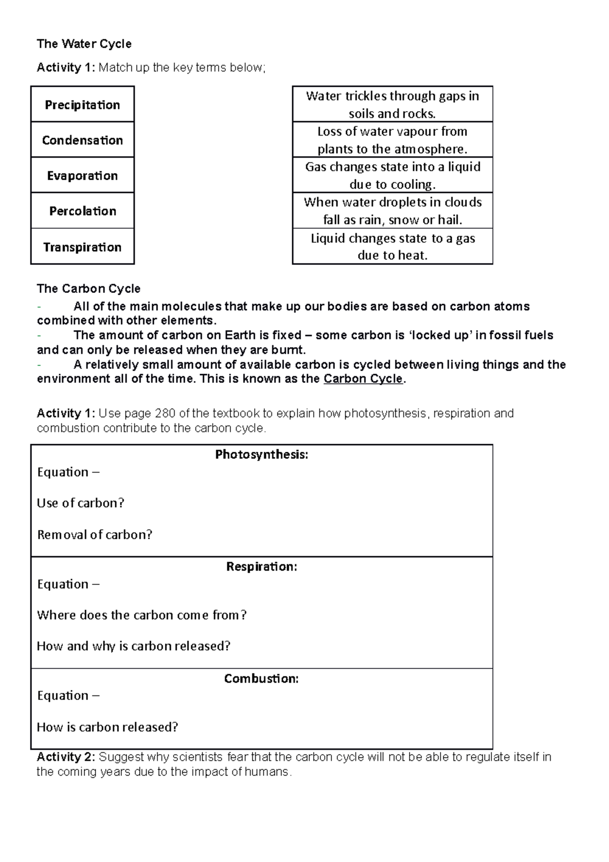 Water and carbon cycle - asdf - The Water Cycle Activity 1: Match up ...