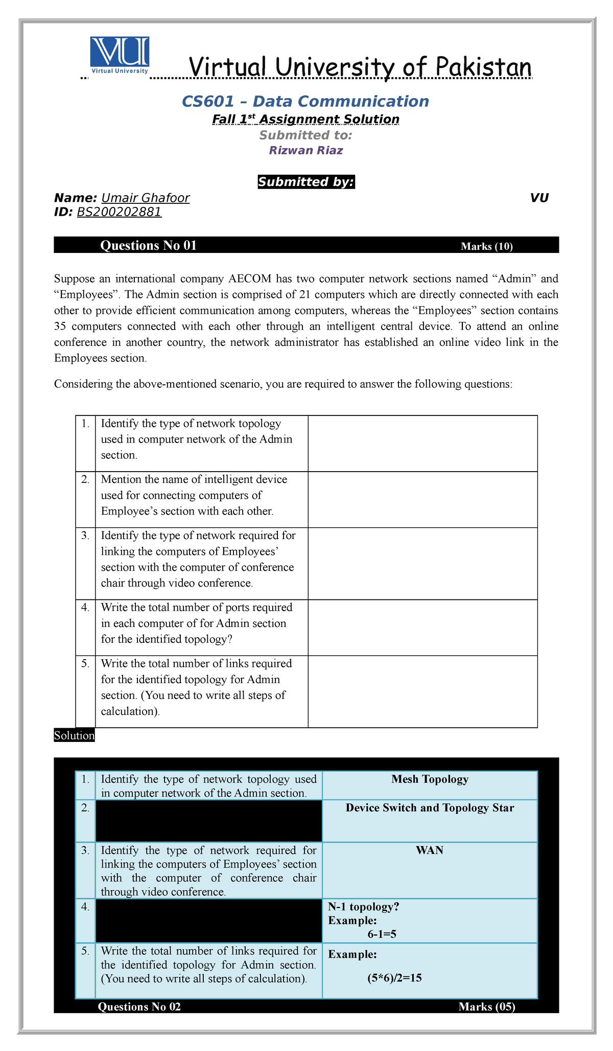 CS601 assignelemtn - Virtual University of Pakistan CS601 – Data Communication Fall 1st ...