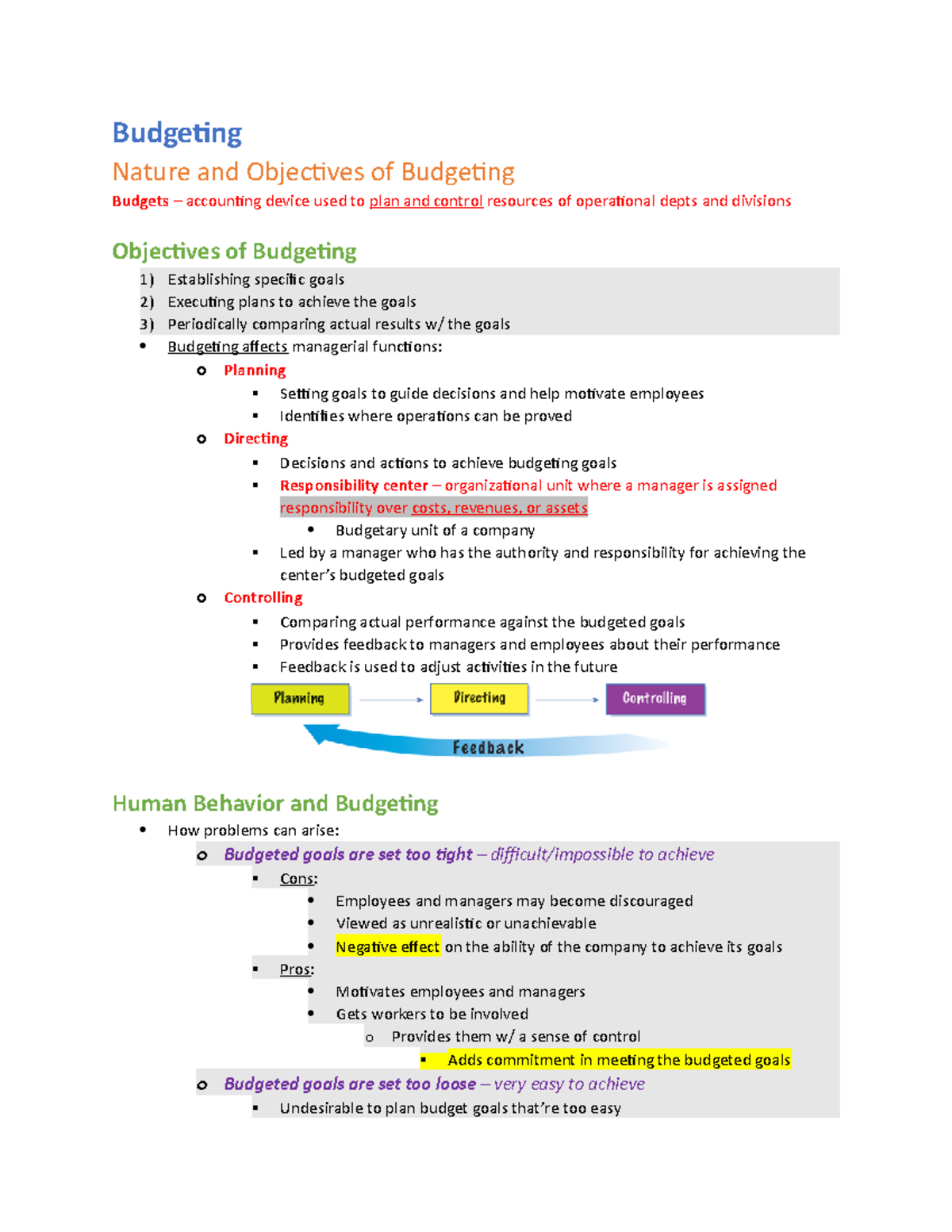 ACCT chpt7 - Budgeting - Budgeting Nature and Objectives of Budgeting ...