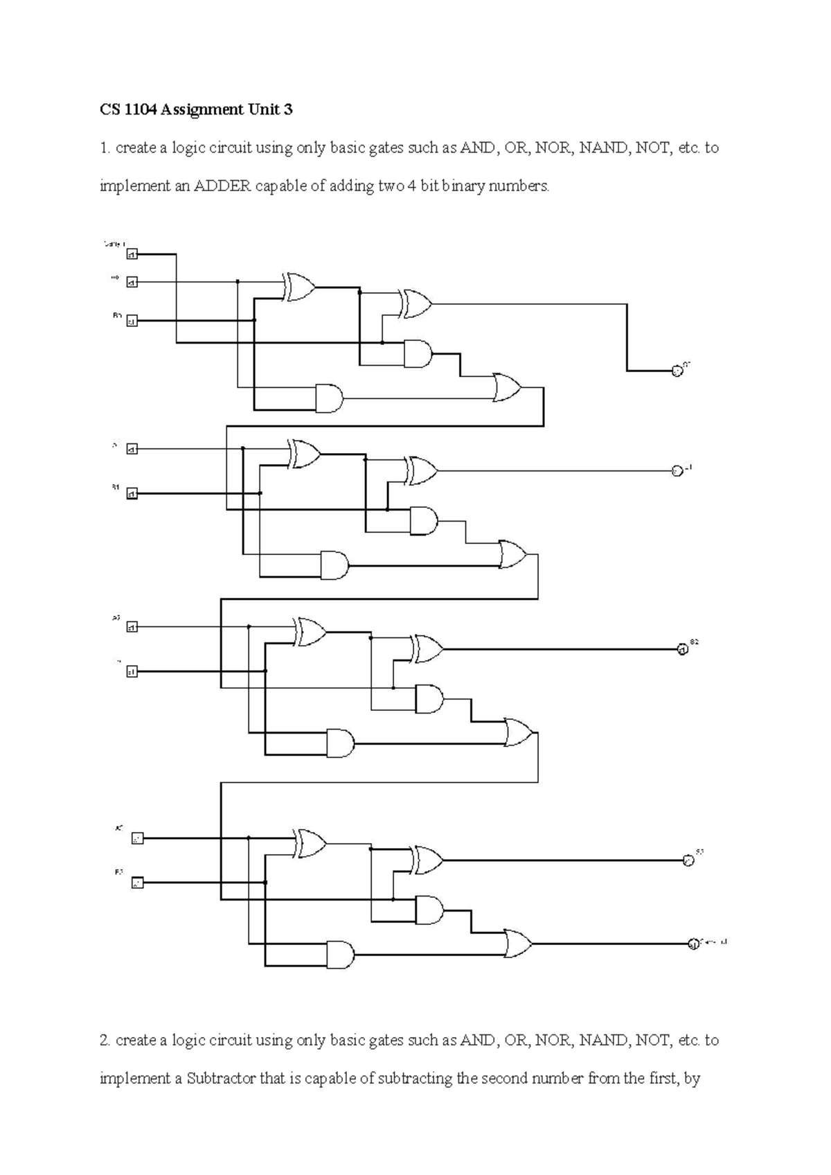 CS 1104 Logic Circuit Design for Adders and Subtractors - CS 1104 ...