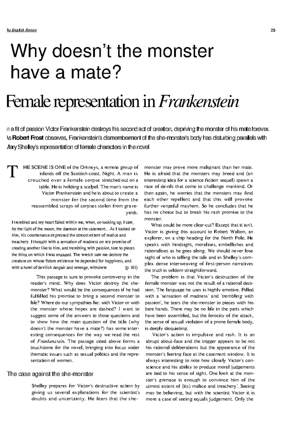 010 - Why Doesnt the Monster Have a Mate Essay - The English Review 23 ...