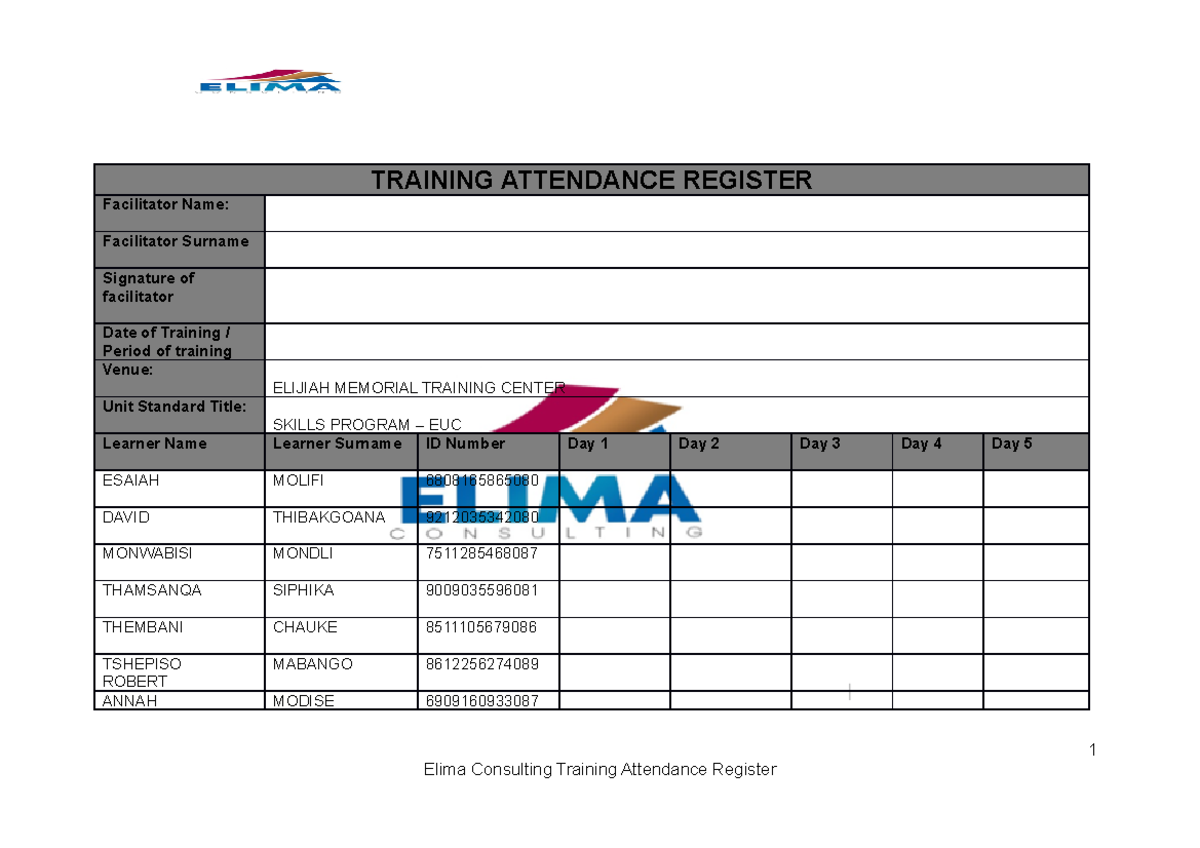 Register final - EUC - KNKJHGFDGHJ - TRAINING ATTENDANCE REGISTER ...