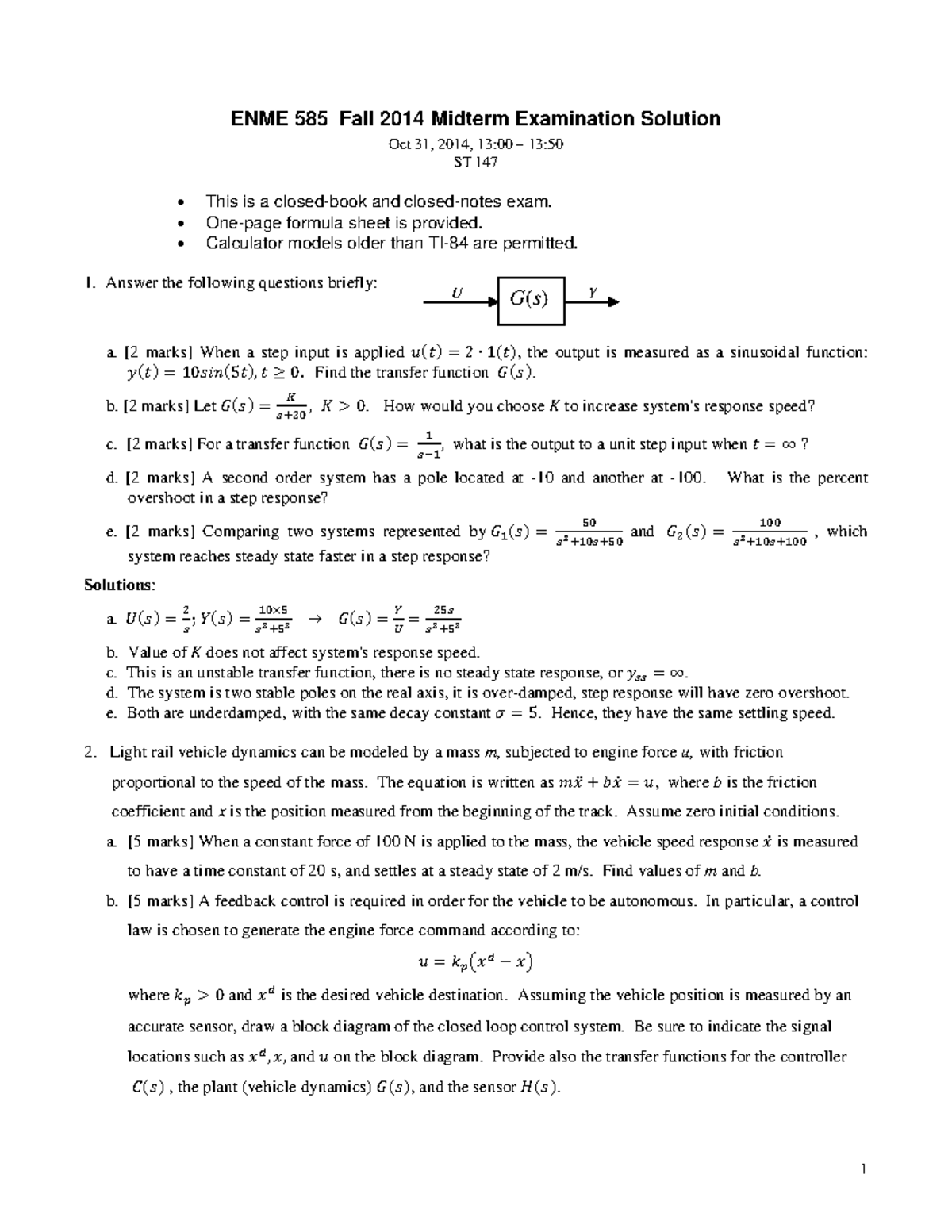 Exam 31 October 2014, Questions And Answers - 1 ENME 585 Fall 2014 ...