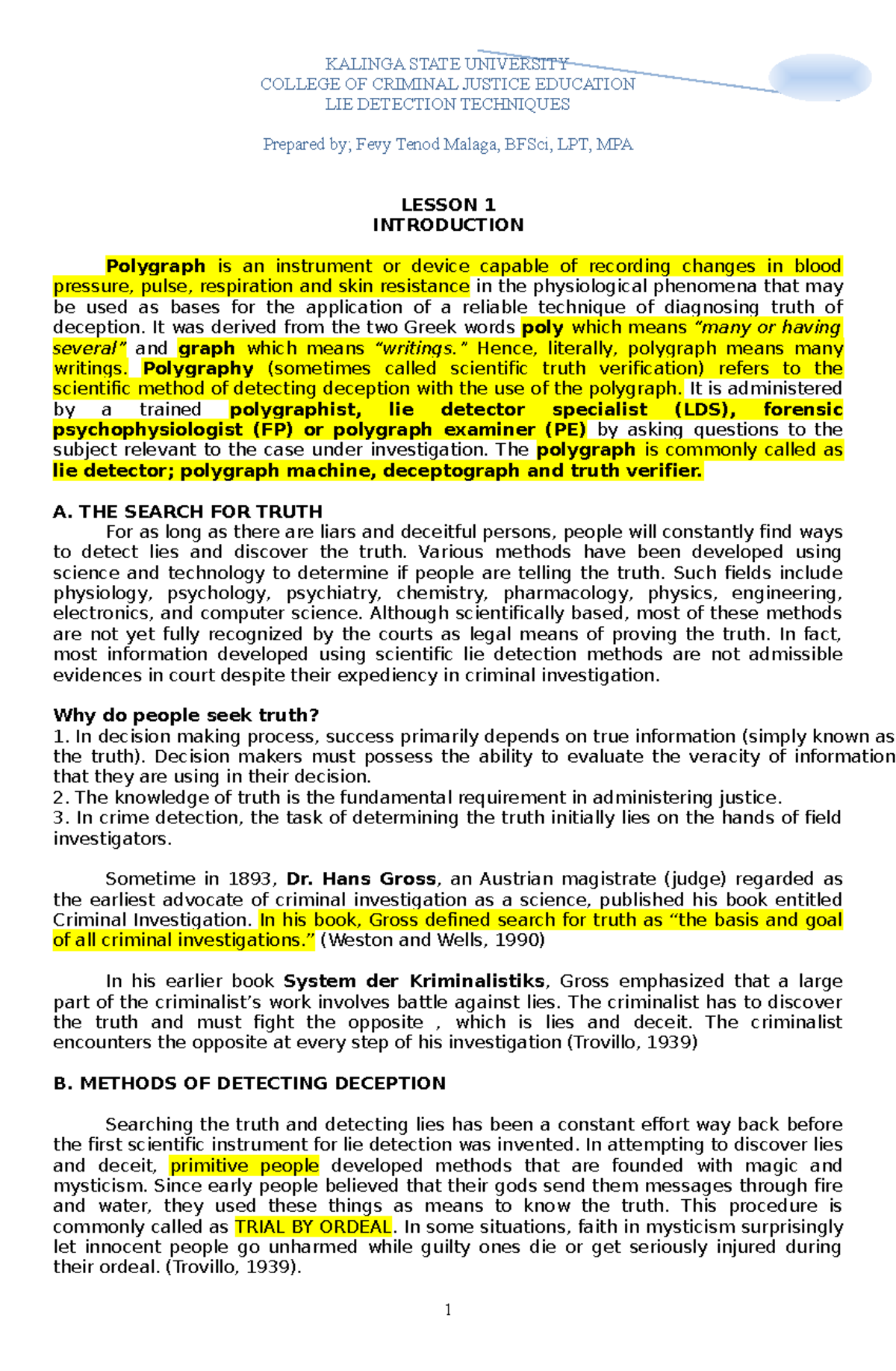 All lie Detection - read - COLLEGE OF CRIMINAL JUSTICE EDUCATION LIE ...