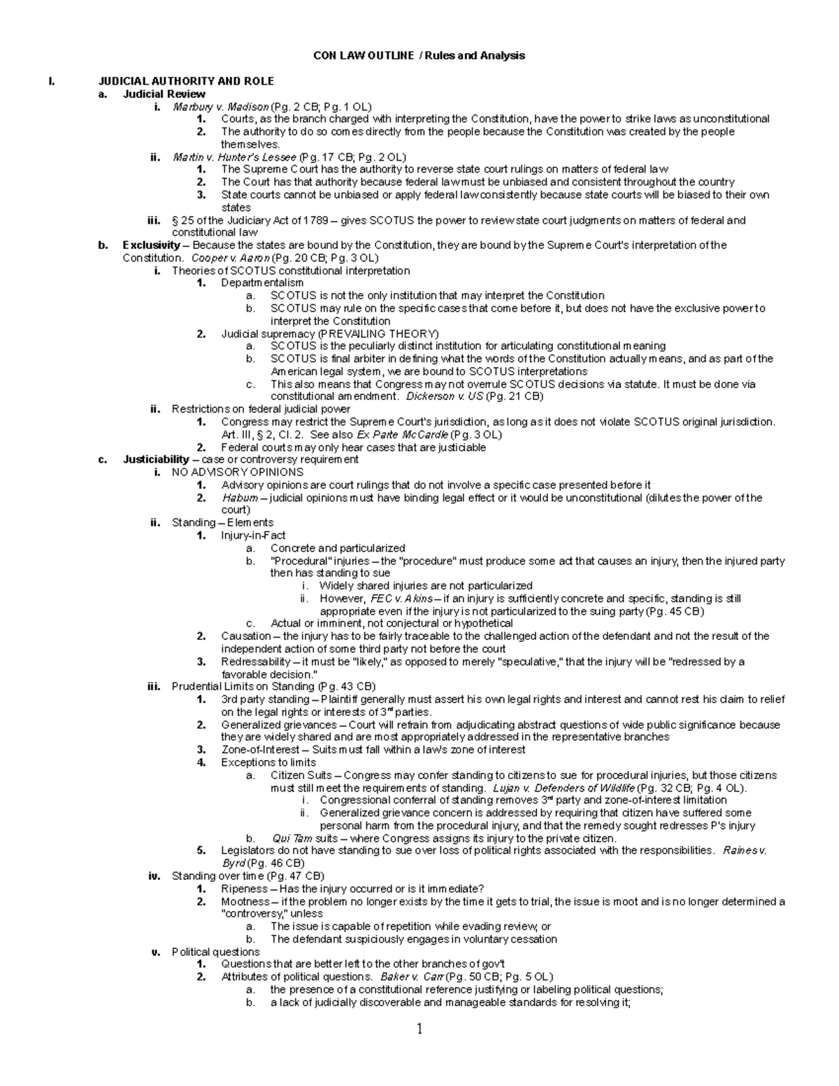 EM Conlaw outline II - CON LAW OUTLINE / Rules and Analysis I. JUDICIAL ...
