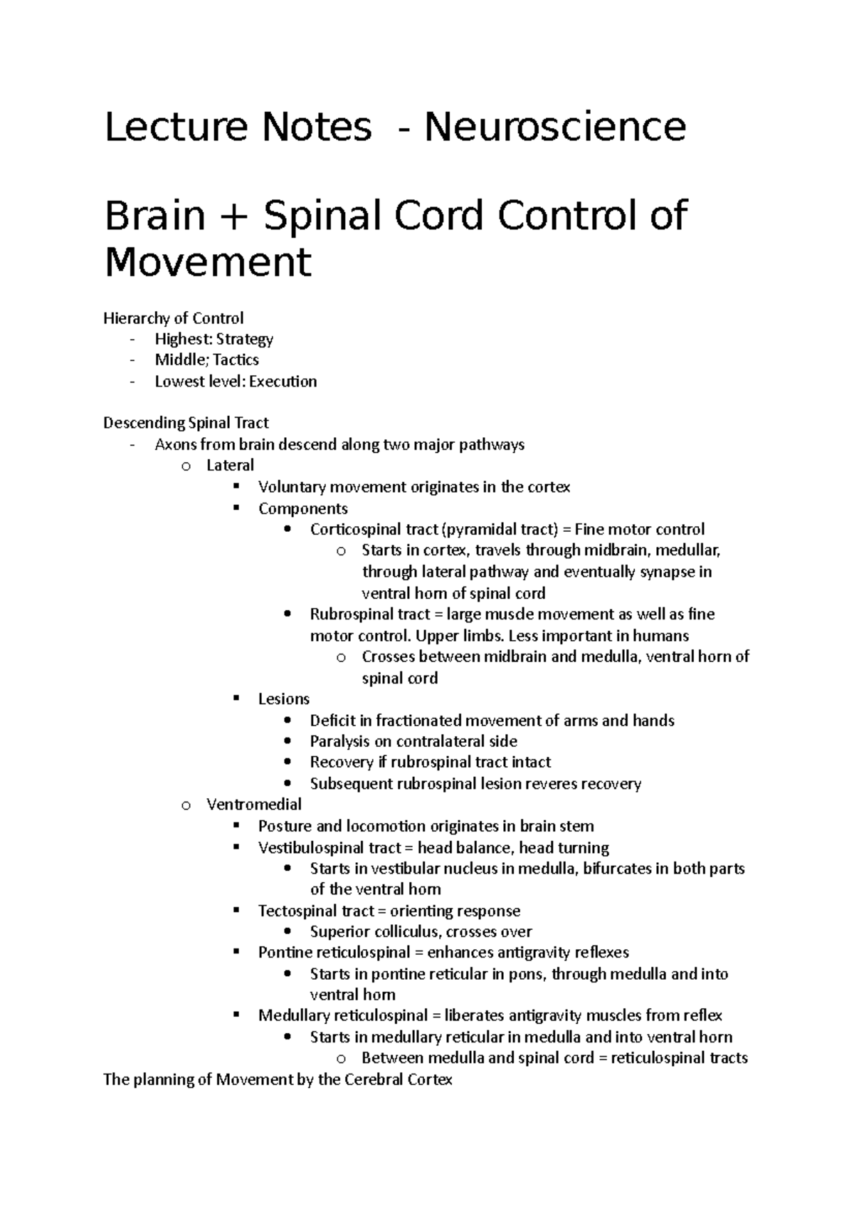 Neuro Science - All Notes - Lecture Notes - Neuroscience Brain + Spinal ...