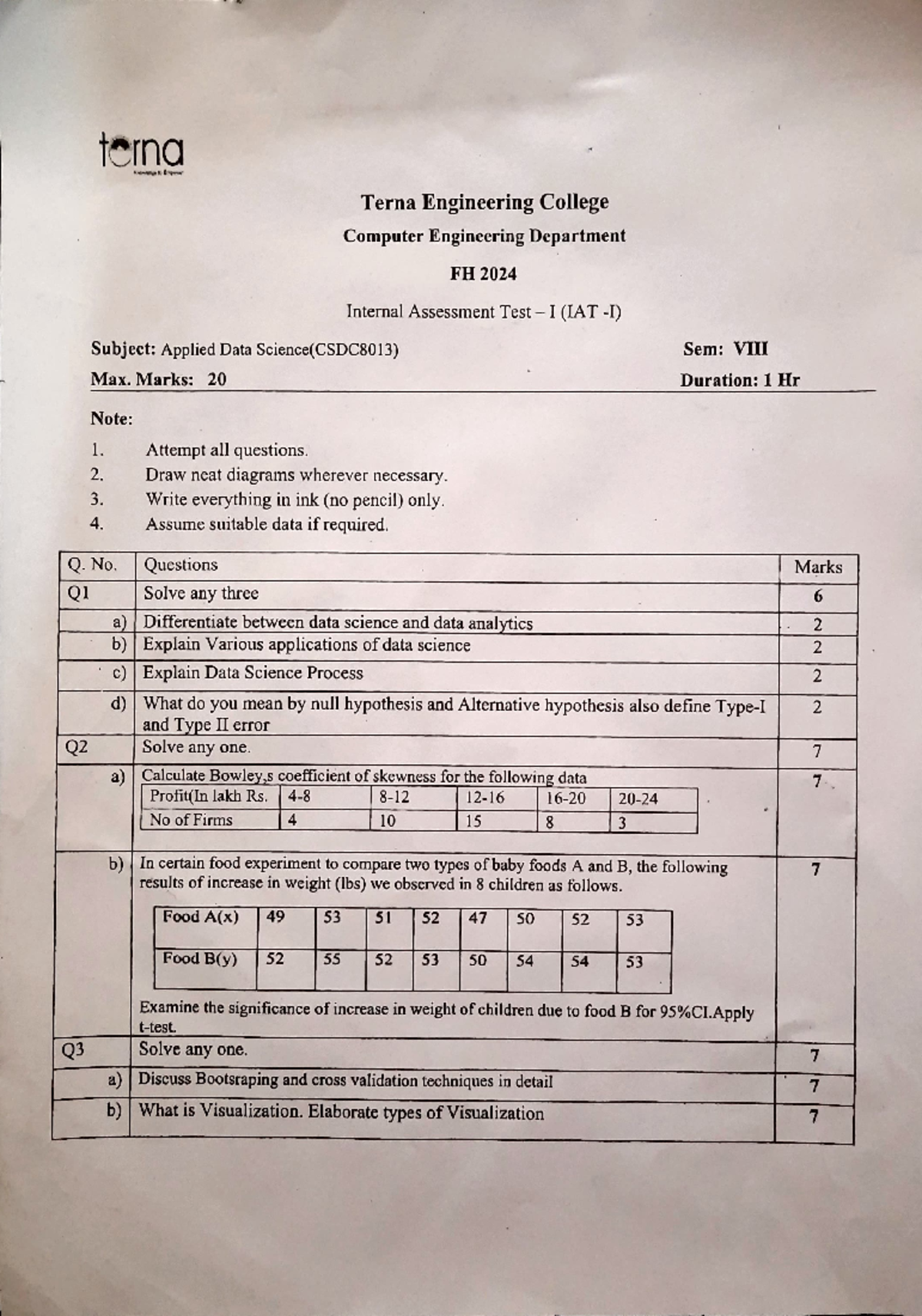 Sem 8 IAT 1 - Contains unit test question papers - ####### Q ####### Q ...