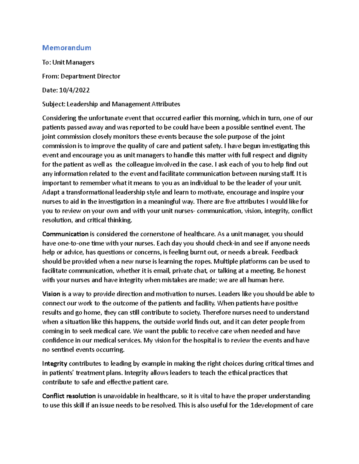 Adawley managermemo 10042022 - Memorandum To: Unit Managers From ...