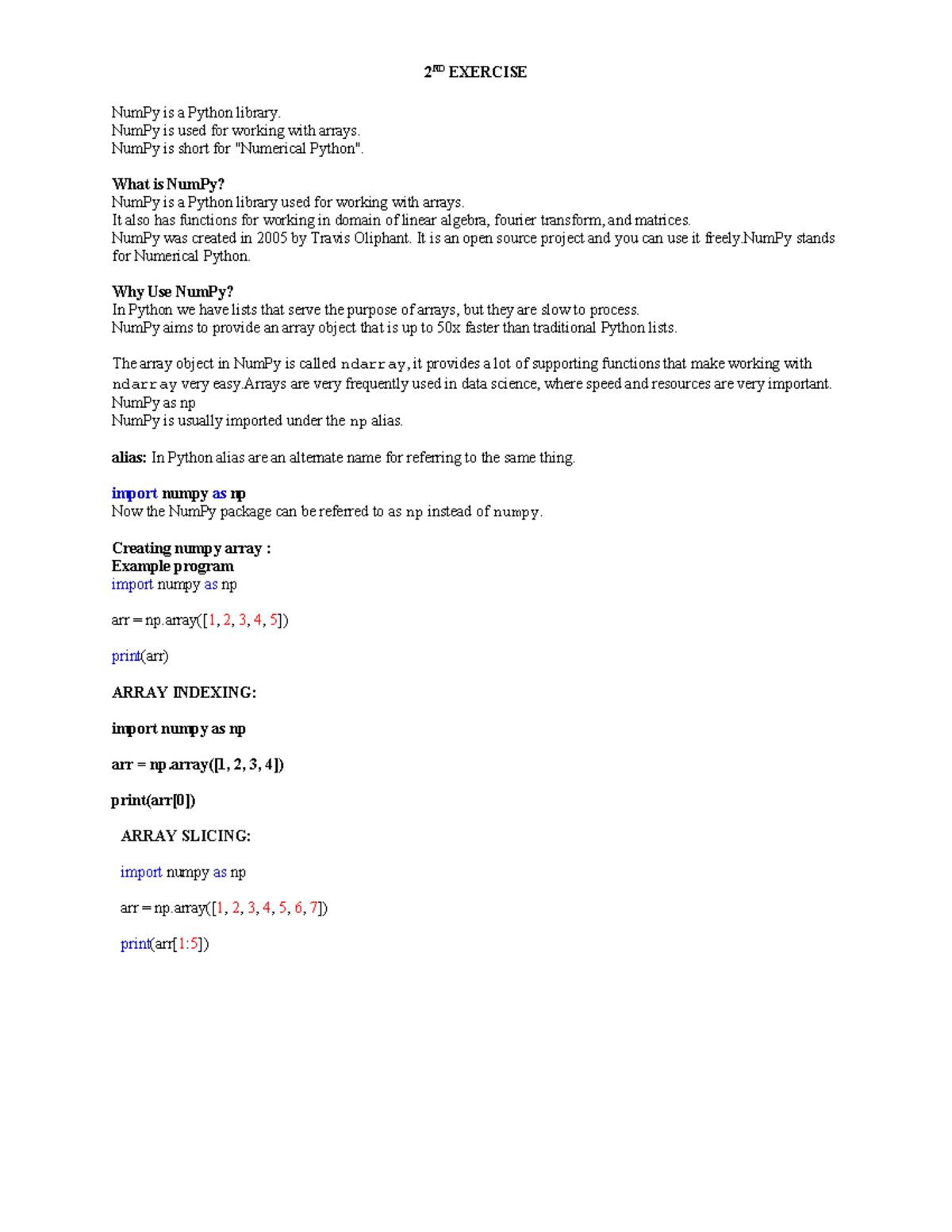 Exercise 2 Numpy 2 Nd Exercise Numpy Is A Python Library Numpy Is 2466