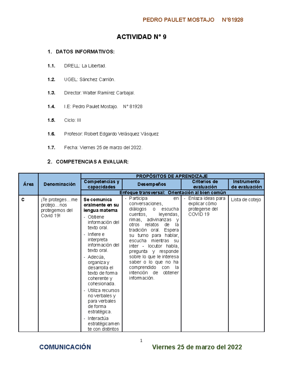 Actividad N°9 - ESPERO LES SIRVA. - ACTIVIDAD N° 9 1. DATOS INFORMATIVOS: 1. DRELL: La Libertad ...