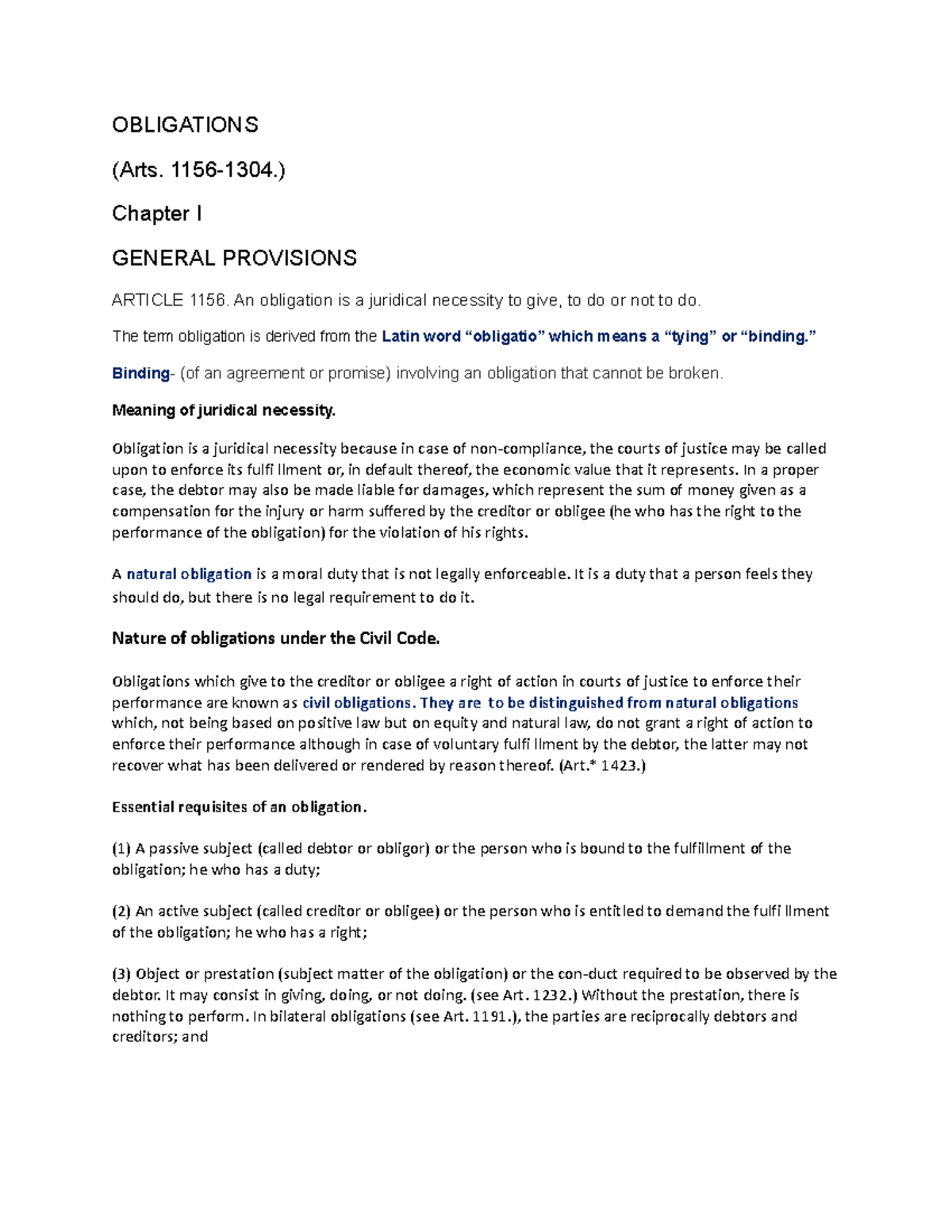 Obligations - BSA - OBLIGATIONS (Arts. 1156-1304.) Chapter I GENERAL ...