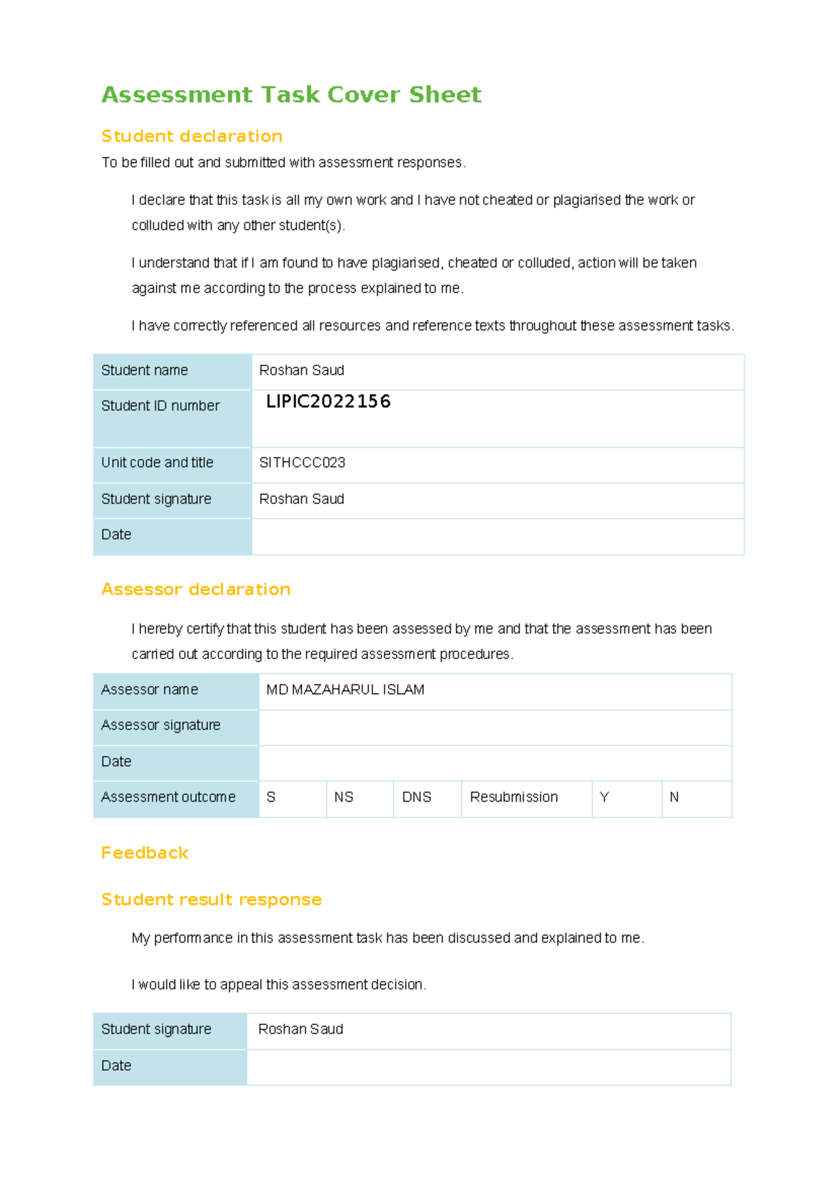 Sithccc 023 Student Assessment Tasks - Assessment Task Cover Sheet Student declaration To be ...
