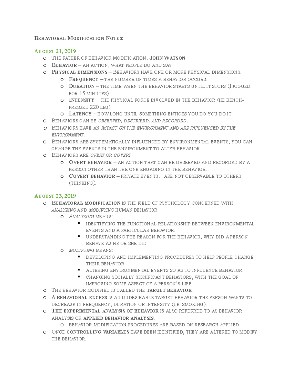 Behavioral Modification Notes - BEHAVIORAL MODIFICATION NOTES: AUGUST ...