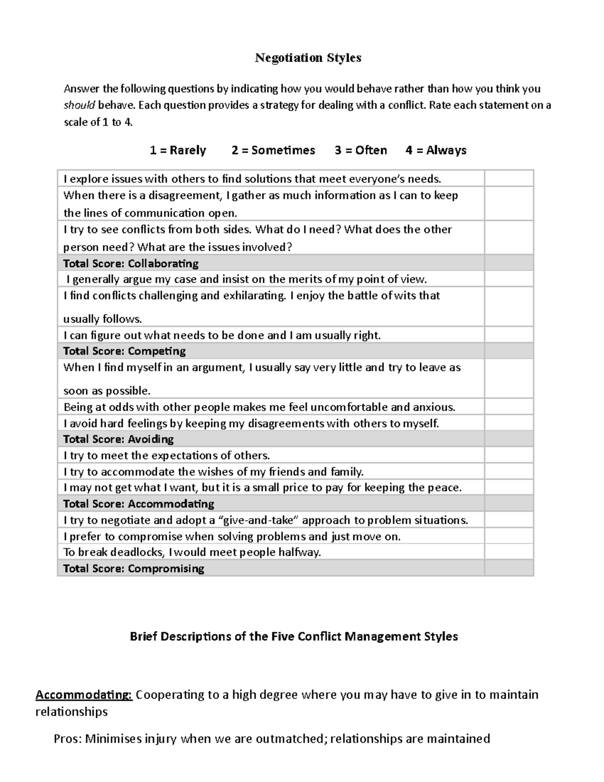 MGB225 - Conflict-Management-Questionnaire-1 - Negotiation Styles ...