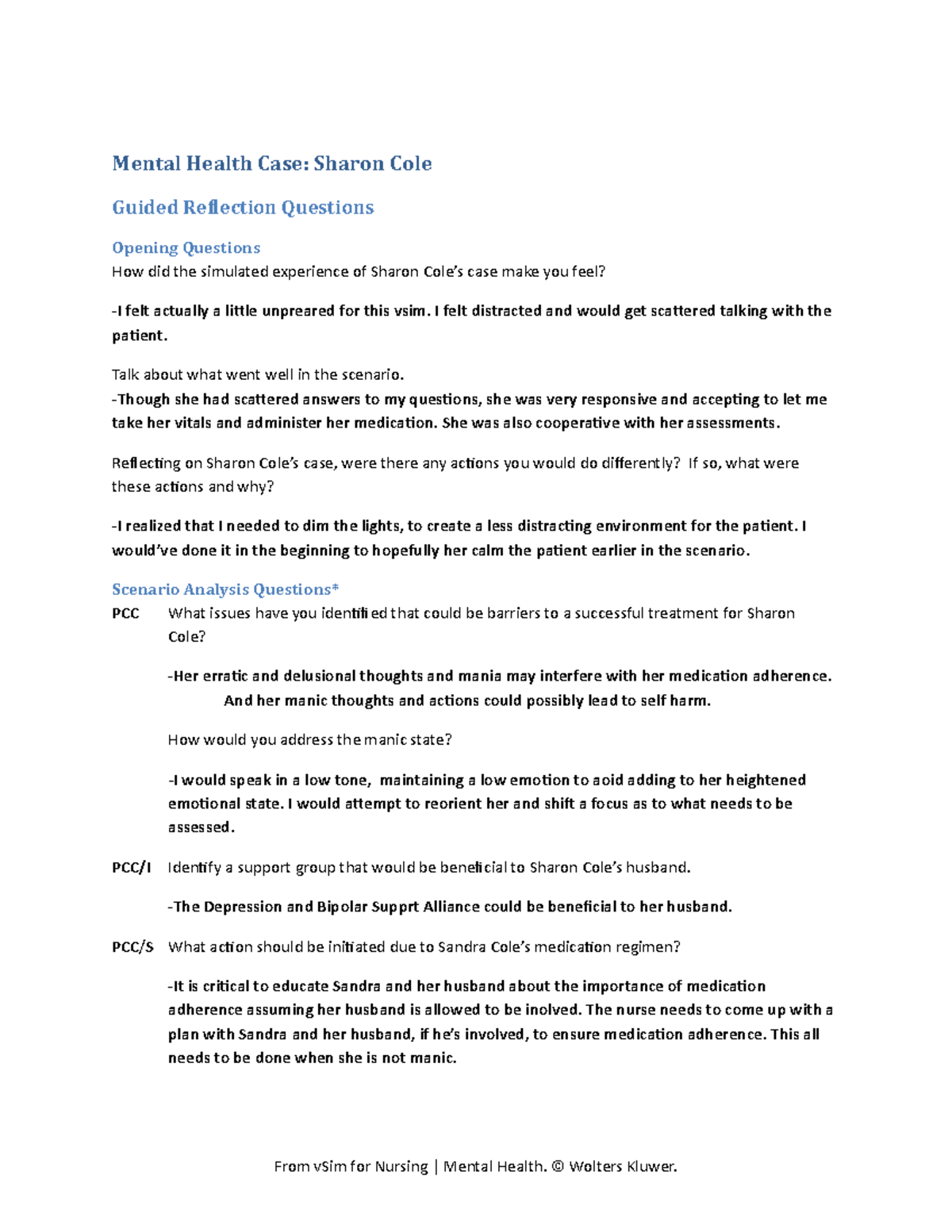 Sharon Cole Guided Reflection - Mental Health Case: Sharon Cole Guided ...