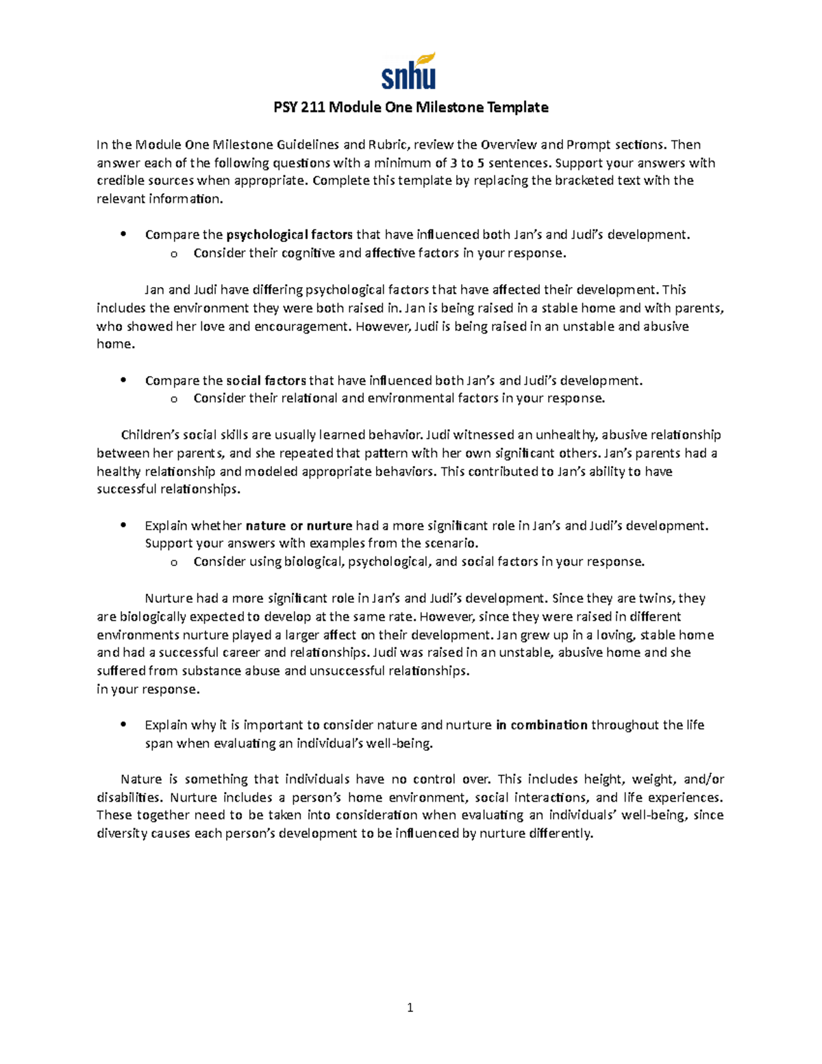 PSY 211 Milestone One - PSY 211 Module One Milestone Template In the ...