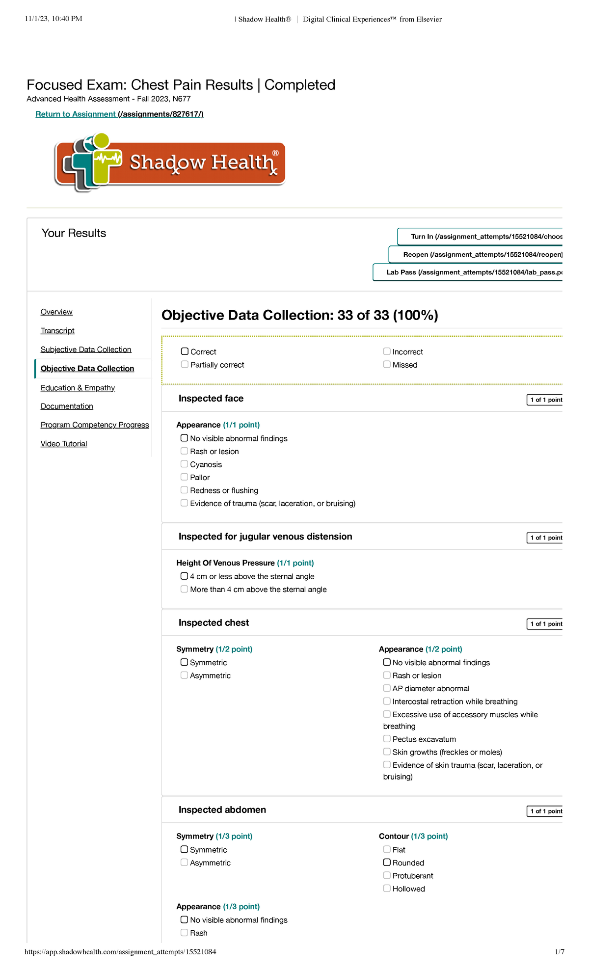 Shadow Health Focused Chest Pain - Focused Exam: Chest Pain Results ...