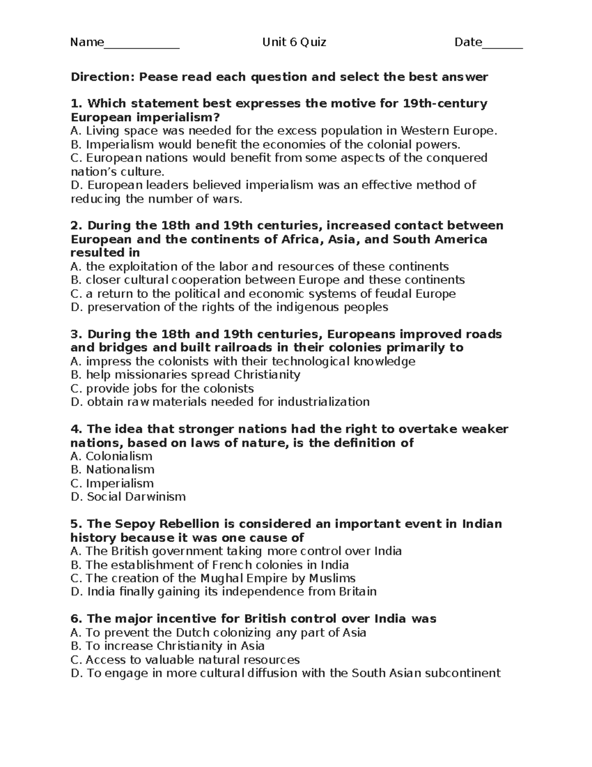 Quiz Unit 6 - quiz - Direction: Pease read each question and select the ...