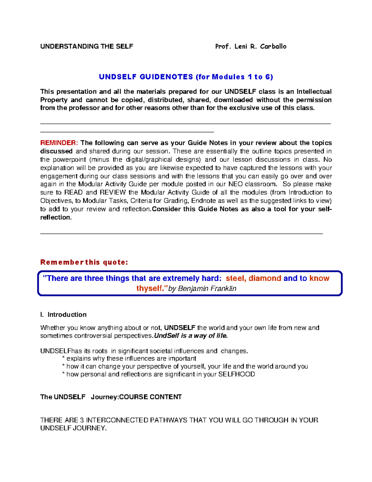 SSC MX Undself Guide Notes - UNDERSTANDING THE SELF Prof. Leni R ...