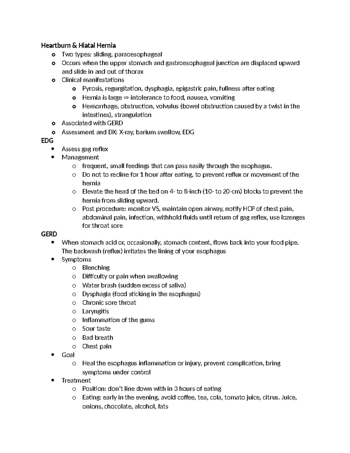 Upper GI - Summary Medical Surgical - Heartburn & Hiatal Hernia o Two ...