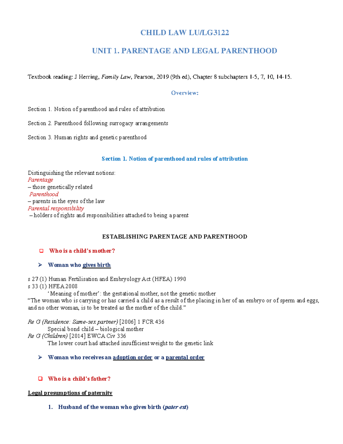 Lecture 1 power point notes - CD - CHILD LAW LU/LG UNIT 1. PARENTAGE ...