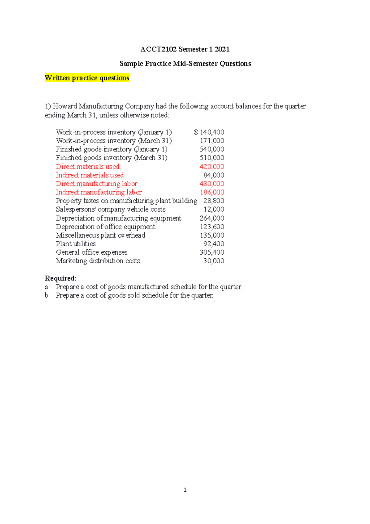 Sample Written Practice Mid Questions ACCT2102 Semester 1 2021 NO Solution - ACCT2102 Semester 1 ...