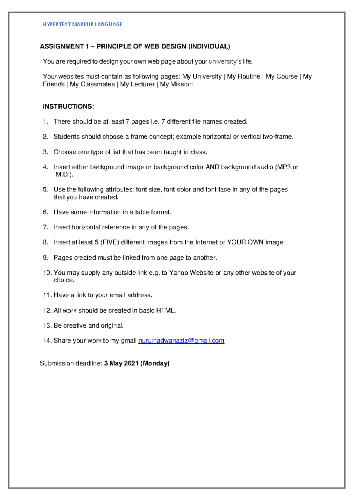 Assignment 1 - Principle OF WEB Design - HYPERTEXT MARKUP LANGUAGE ...
