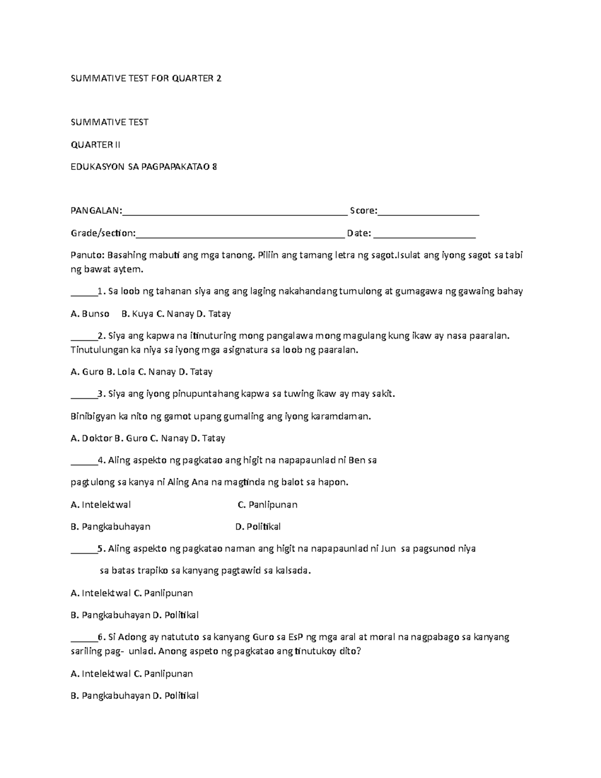 Document - Assignment - SUMMATIVE TEST FOR QUARTER 2 SUMMATIVE TEST ...