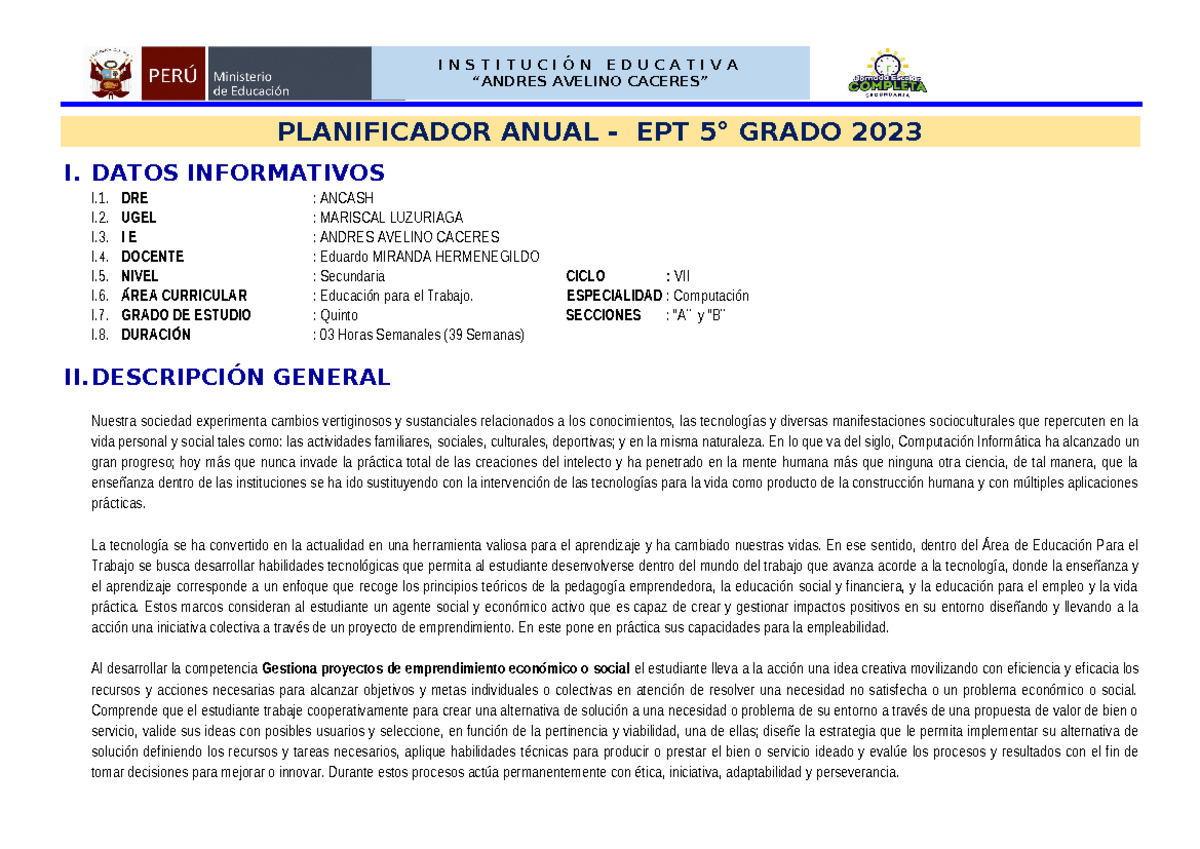 5TO EPT - PLAN Anual llumpa - “ANDRES AVELINO CACERES” PLANIFICADOR ANUAL - EPT 5° GRADO 2023 I ...