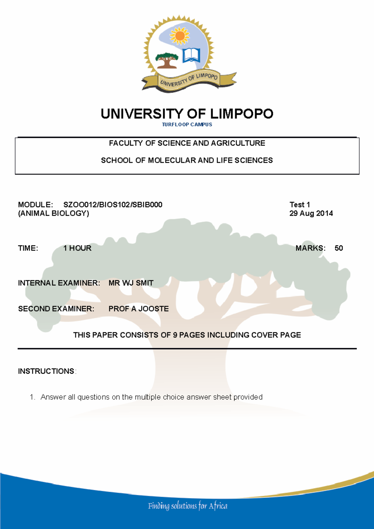 Class test 1 - UNIVERSITY OF LIMPOPO TURFLOOP CAMPUS FACULTY OF SCIENCE ...