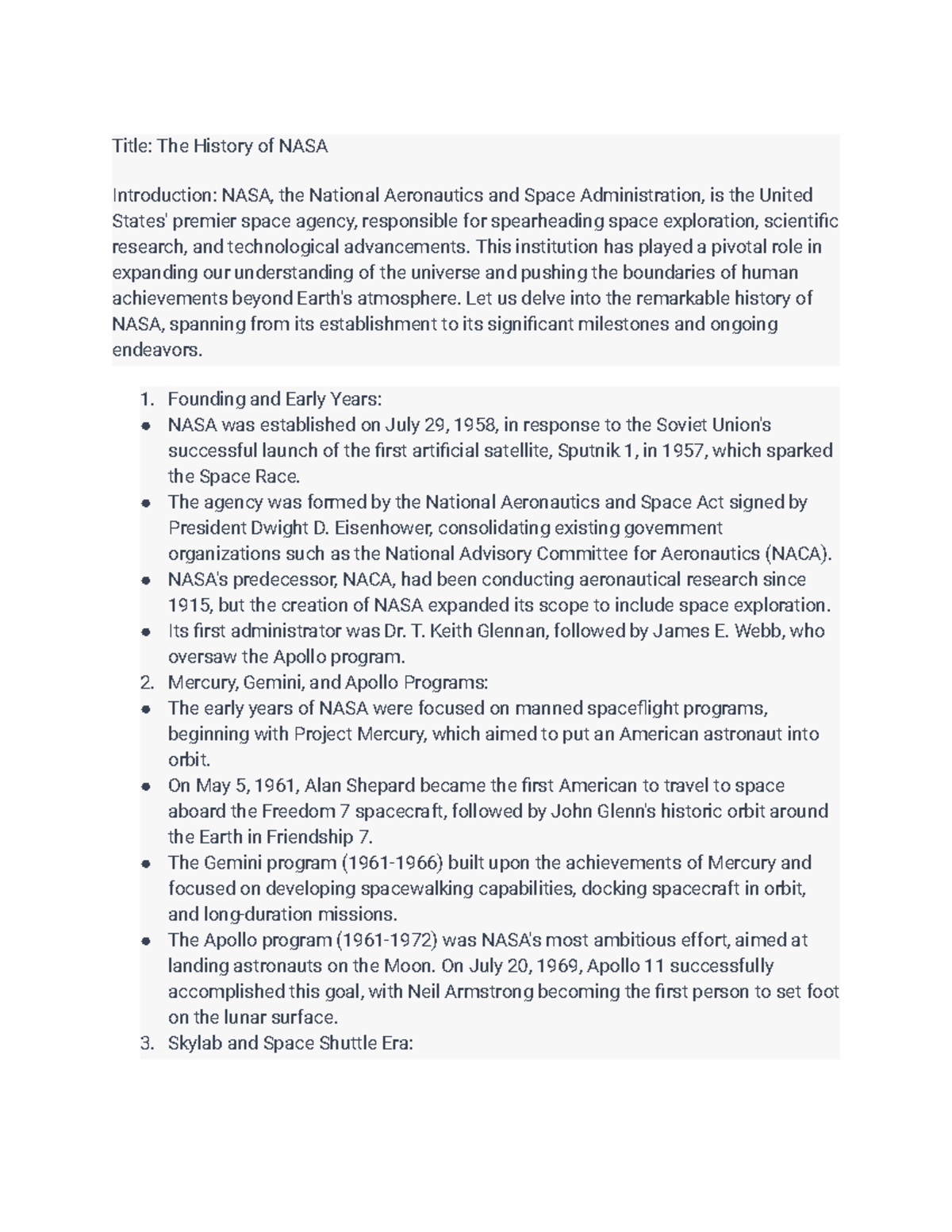 History of NASA - Title: The History of NASA Introduction: NASA, the ...