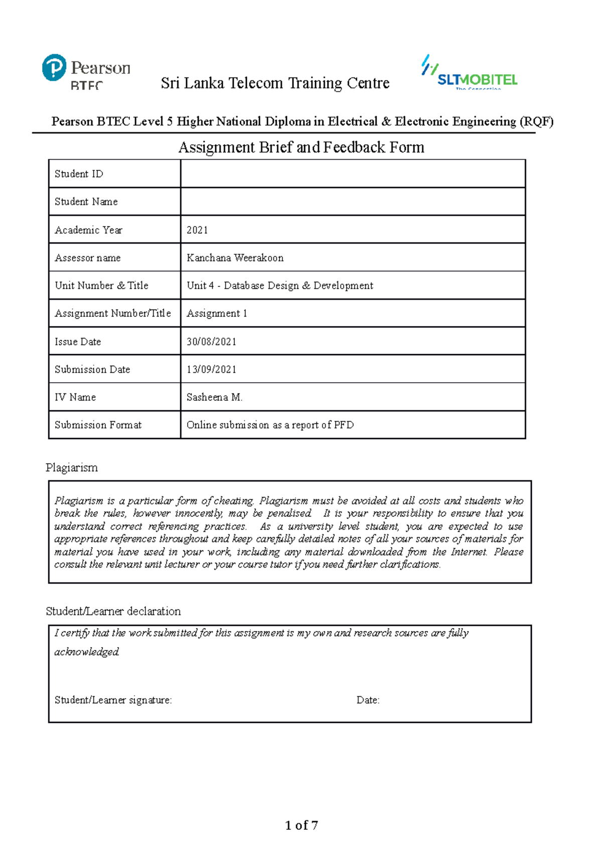 Unit04 Assignment 1 database - Sri Lanka Telecom Training Centre Pearson BTEC Level 5 Higher ...