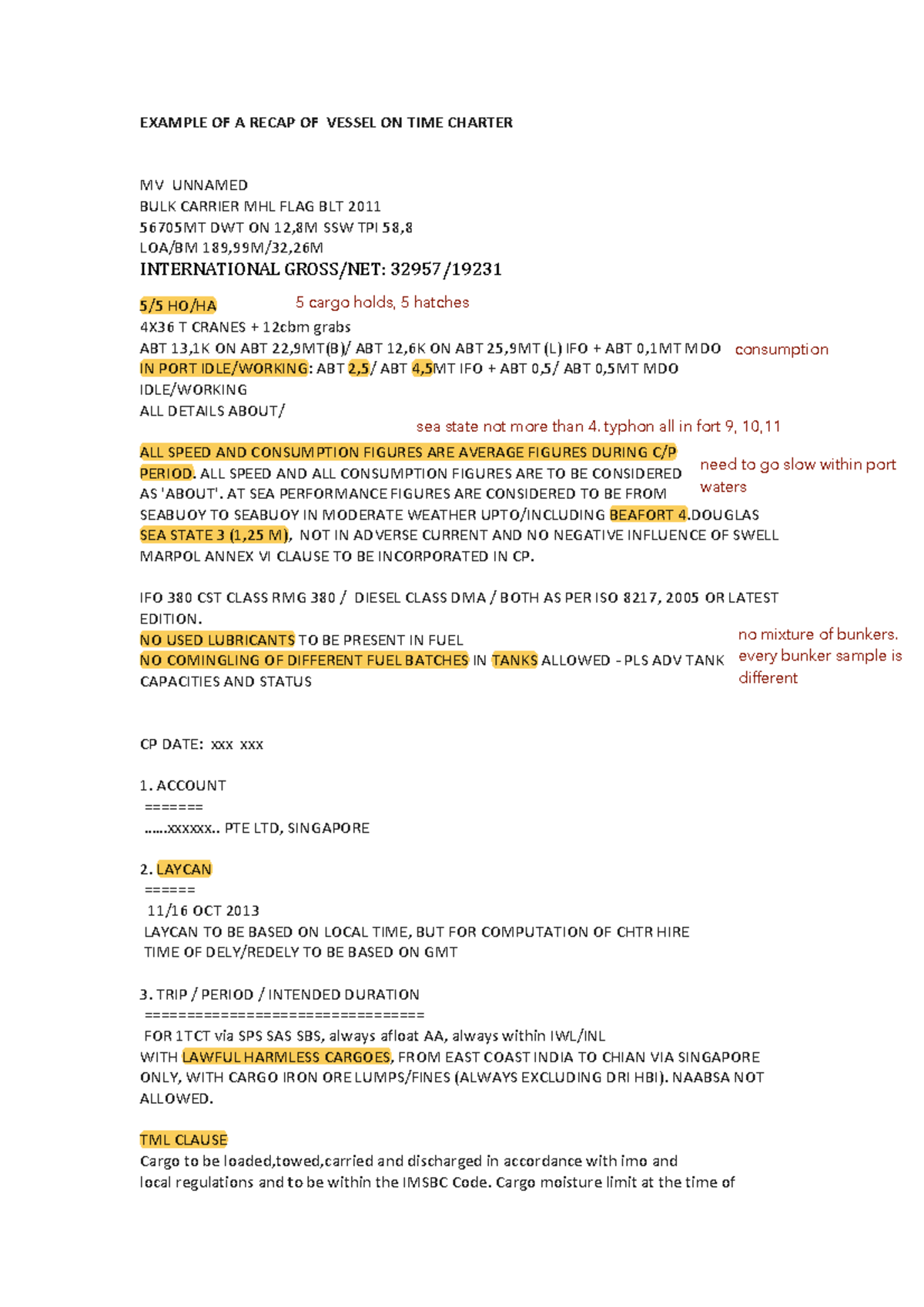 MT3006 Ship chartering Sample Recap on Time charter - EXAMPLE OF A ...