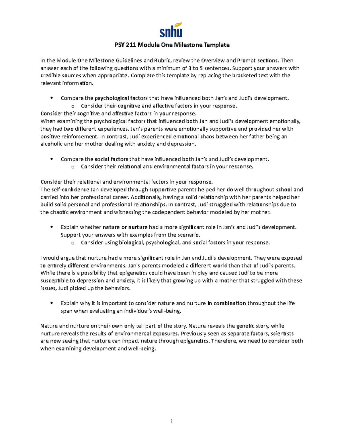 PSY-211 Module 1 Milestone - PSY 211 Module One Milestone Template In ...