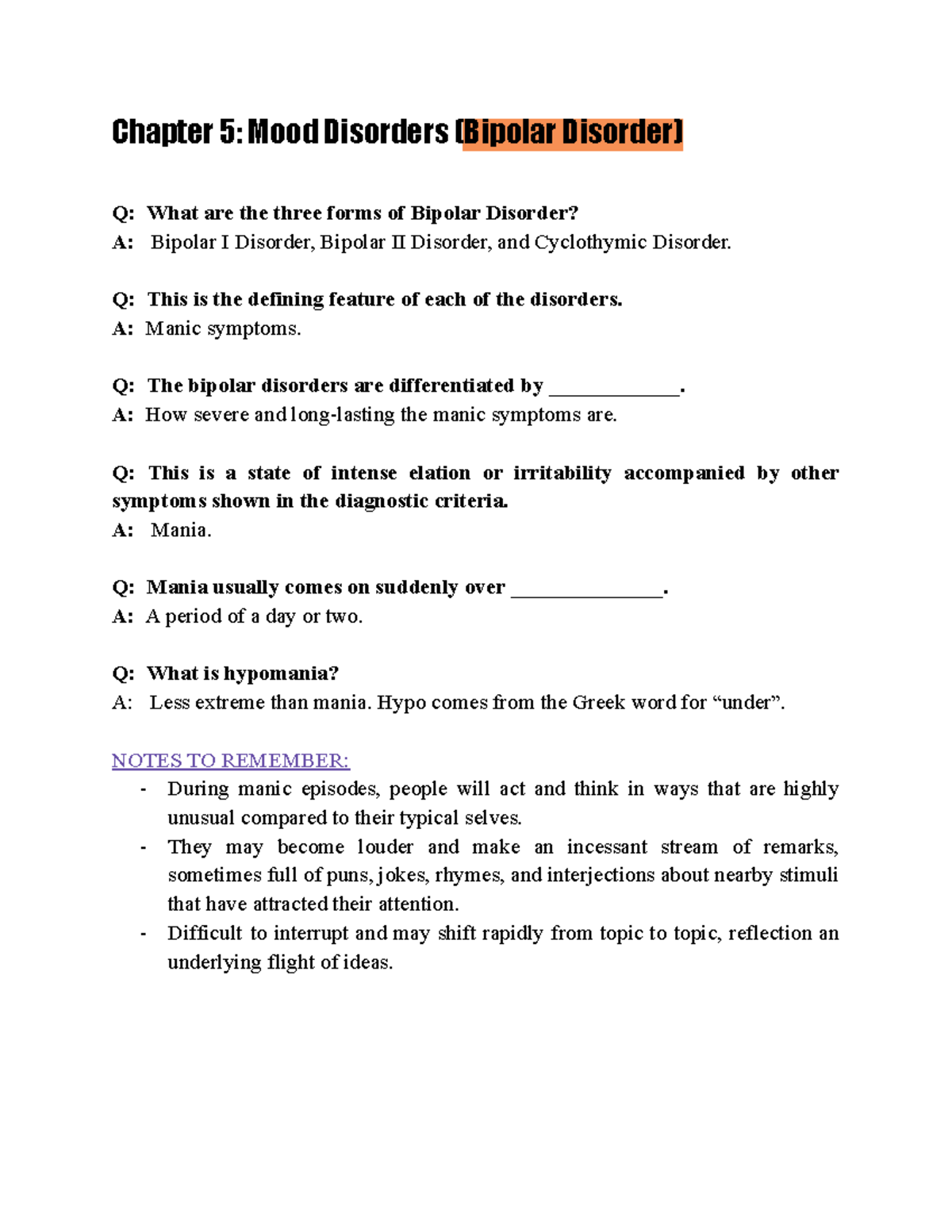 Chapter 5 Mood Disorders Bipolar Disorder - Chapter 5: Mood Disorders ...