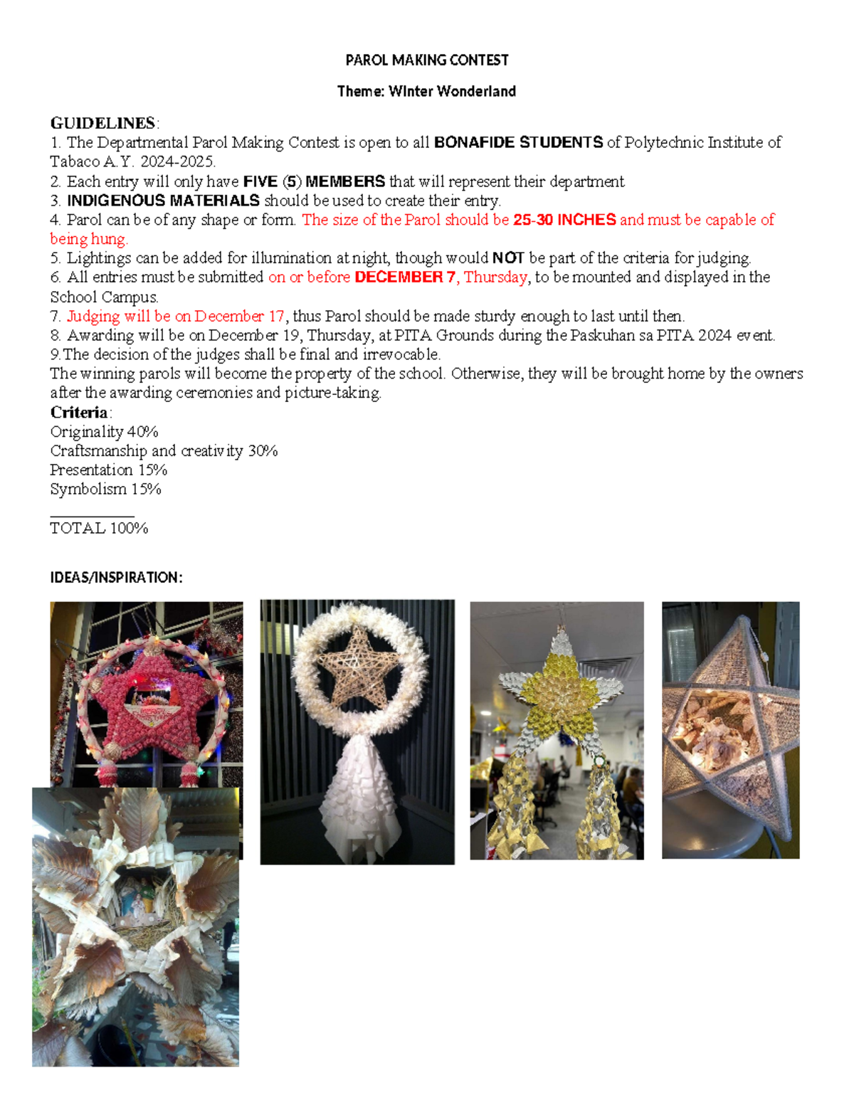 Parol Making Contest - Qwertt - PAROL MAKING CONTEST Theme: Winter ...